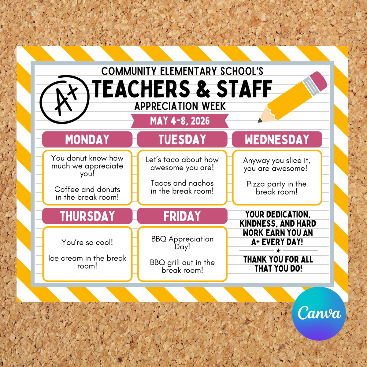 Editable School Themed Teachers & Staff Appreciation Week Itinerary Po ...