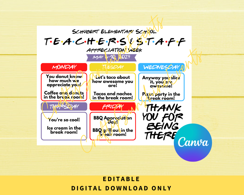 Editable Friends Themed Teachers & Staff Appreciation Week Itinerary P ...