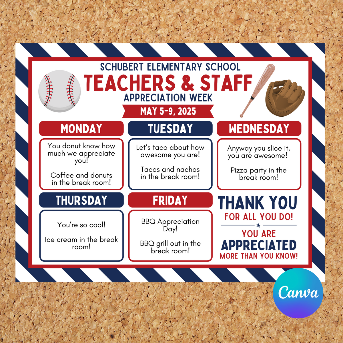 Editable Baseball Themed Teachers & Staff Appreciation Week Itinerary ...