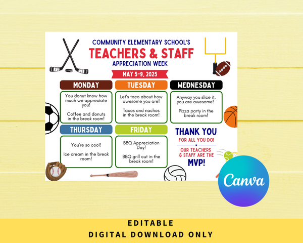 DIGITAL DOWNLOAD Sports Themed Teachers & Staff Appreciation Week Itin ...
