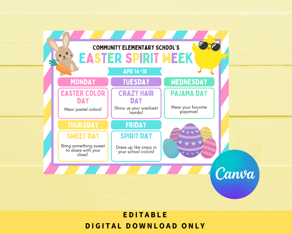 DIGITAL DOWNLOAD ONLY Editable Easter Spirit Week Itinerary Poster 11x ...