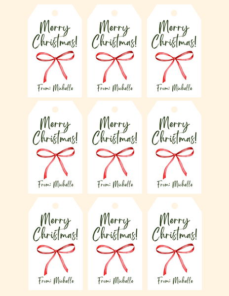 DIGITAL DOWNLOAD ONLY Merry Christmas Red Bow Editable Gift Tags 2x3.5 ...